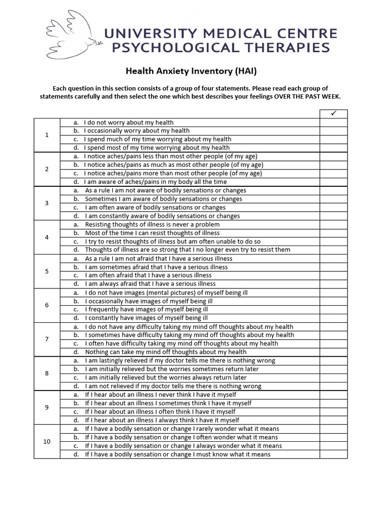 UMC Health Anxiety Inventory HAI | PDF | Thought | Pain