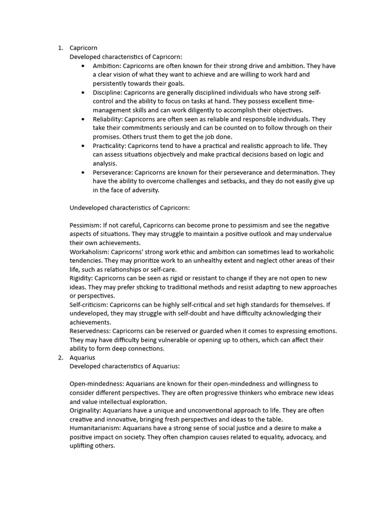 Zodiac Signs: Developed vs. Undeveloped Traits | PDF | Emotions | Intuition