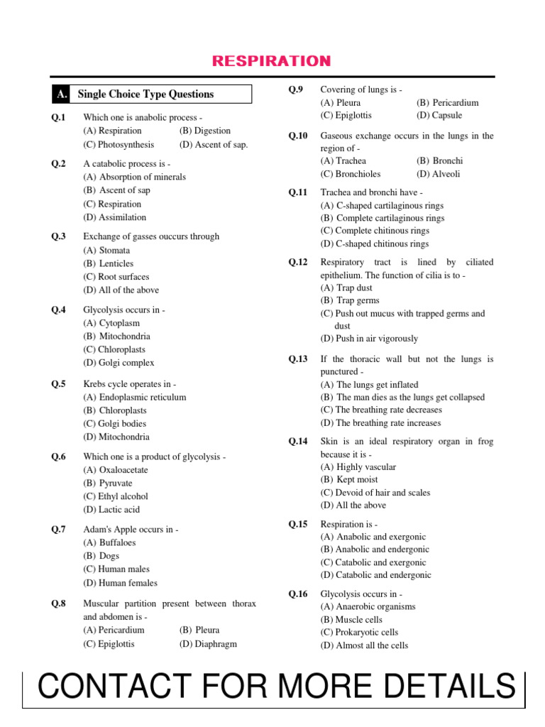 10th Bio Respiration MCQ | PDF | Lung | Respiratory System