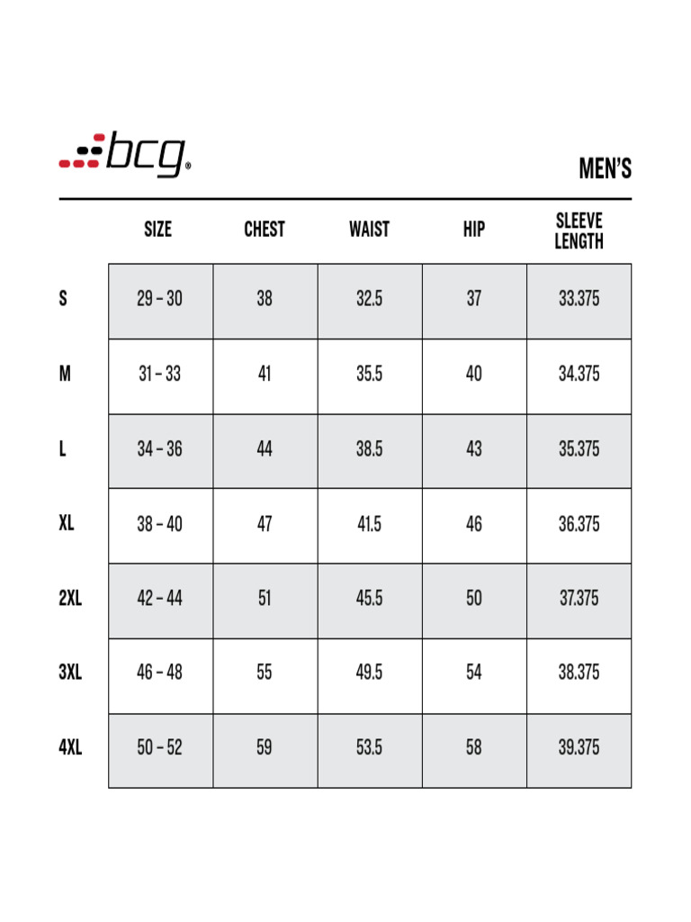 BCG Mens Apparel Sizechart | PDF