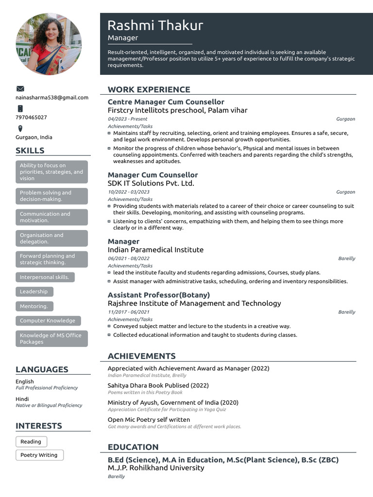 Rashmi Thakur: Work Experience | PDF