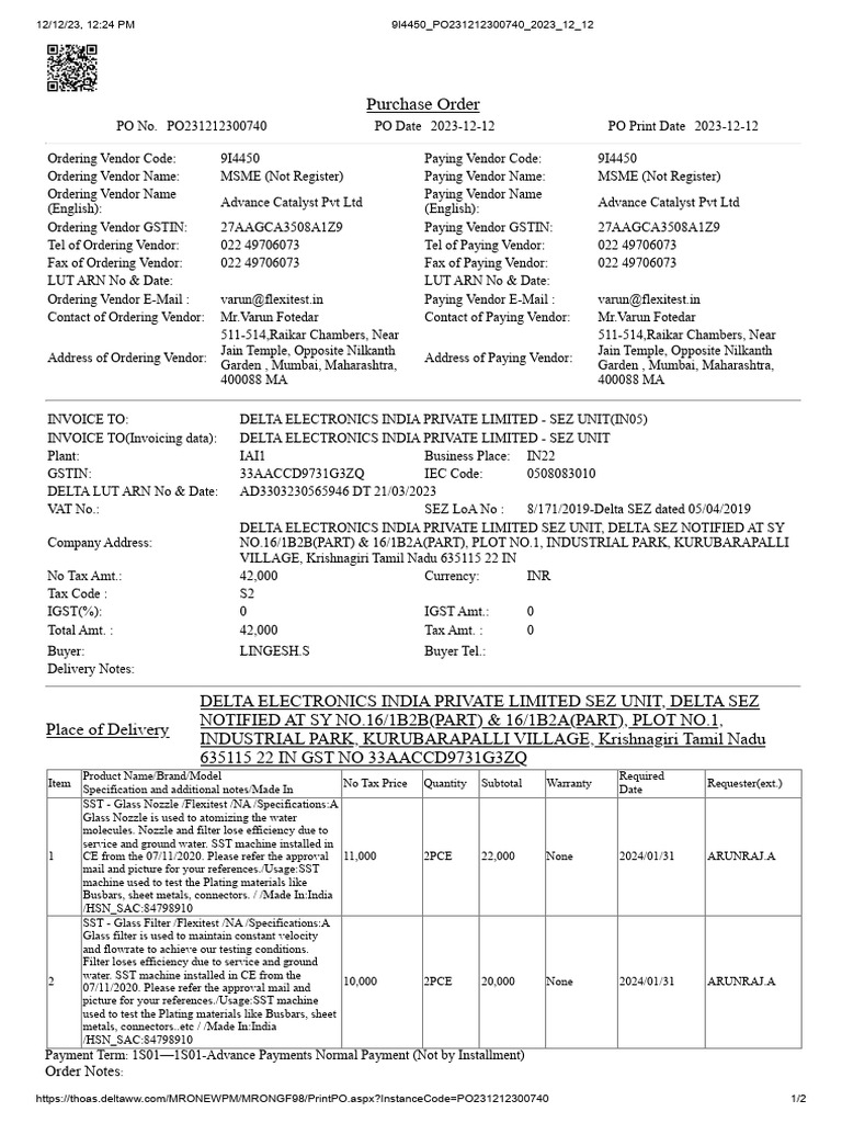 PO231212300740 - Advance Catalyst PVT LTD | PDF | Technology & Engineering