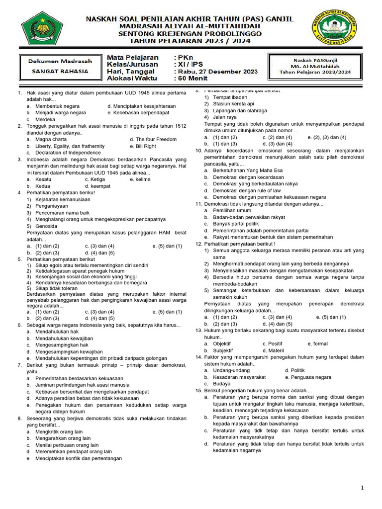 Soal PKN Uas Kel. Xi 2023-2024 | PDF