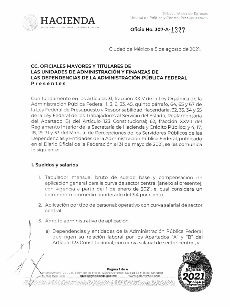 Oficio No. 307-A-1327-2021 Incremento Salarial 2021 Base | PDF