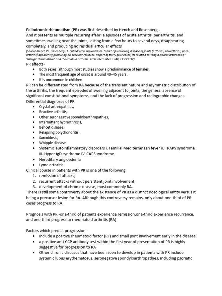Palindromic Rheumatism | PDF | Rheumatoid Arthritis | Arthritis Palindromic Rheumatism | PDF | Rheumatoid Arthritis | Arthritis