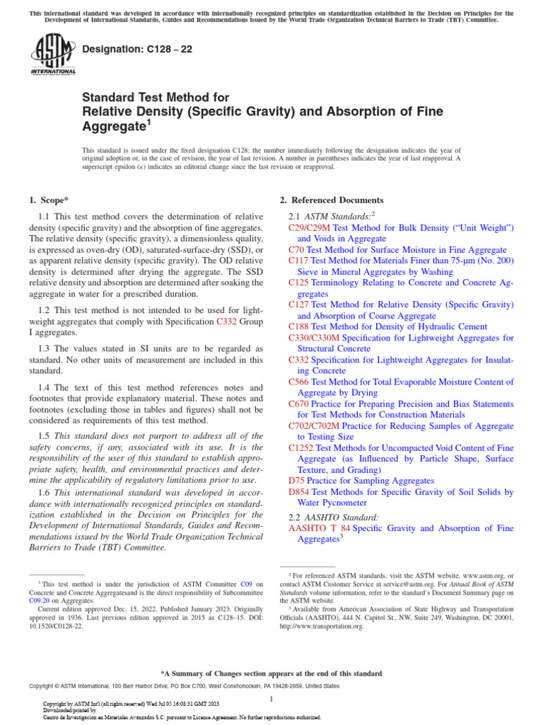 Astm C128-22 | PDF | Density | Physical Sciences