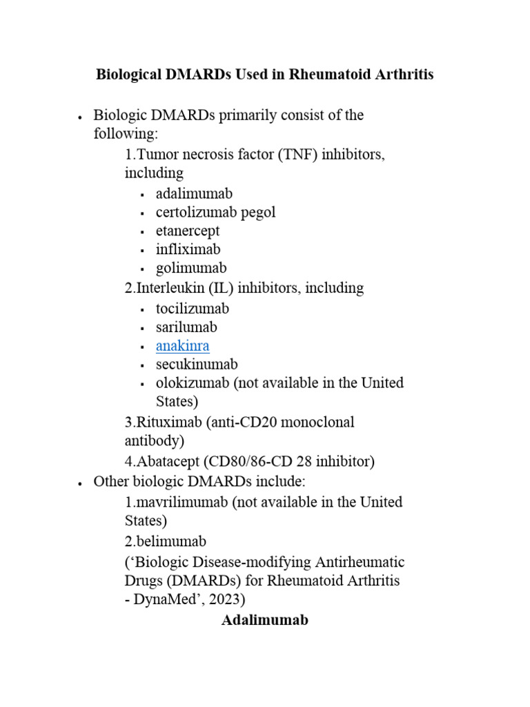 Biological DMARDs Used in Rheumatoid Arthritis | PDF