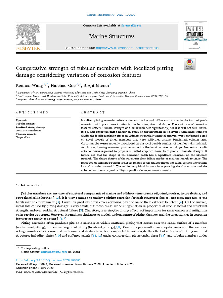 Compressive Strength of Tubular Members With Localized Pitting | PDF ...
