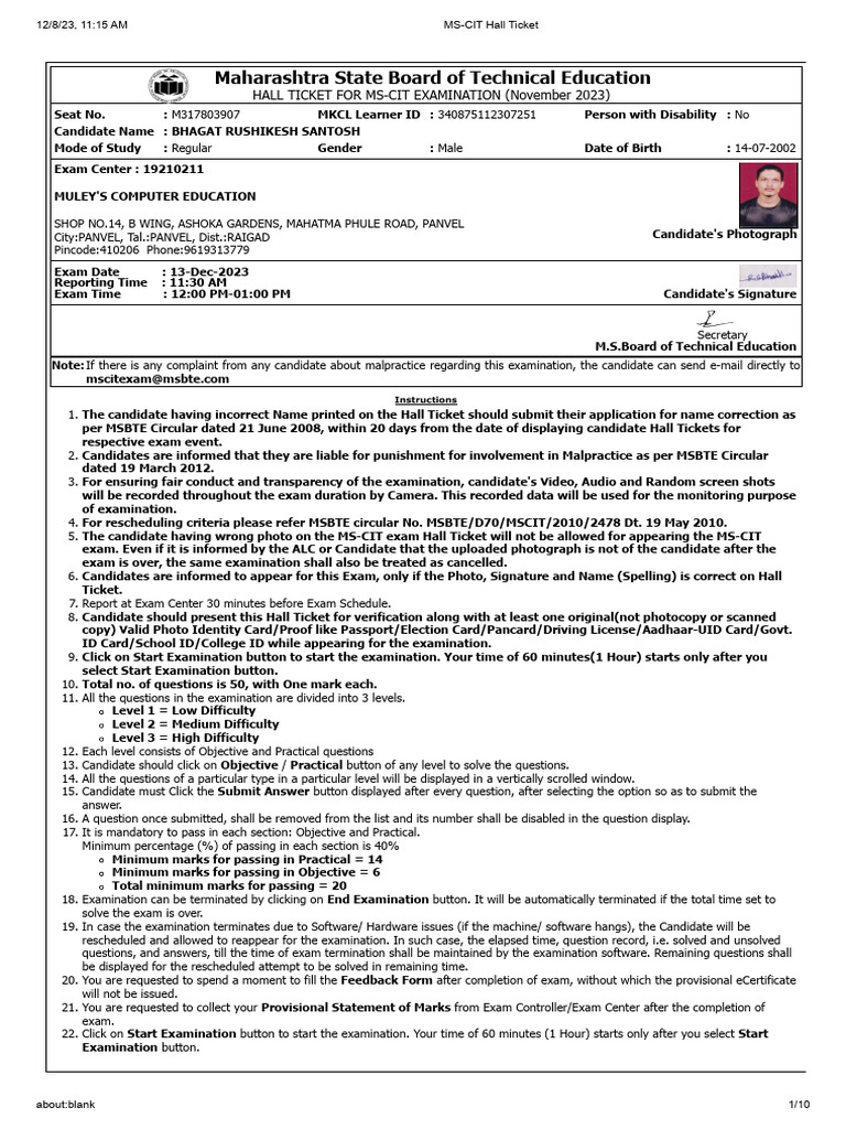 MS-CIT Hall Ticket | PDF | Identity Document | Driver's License
