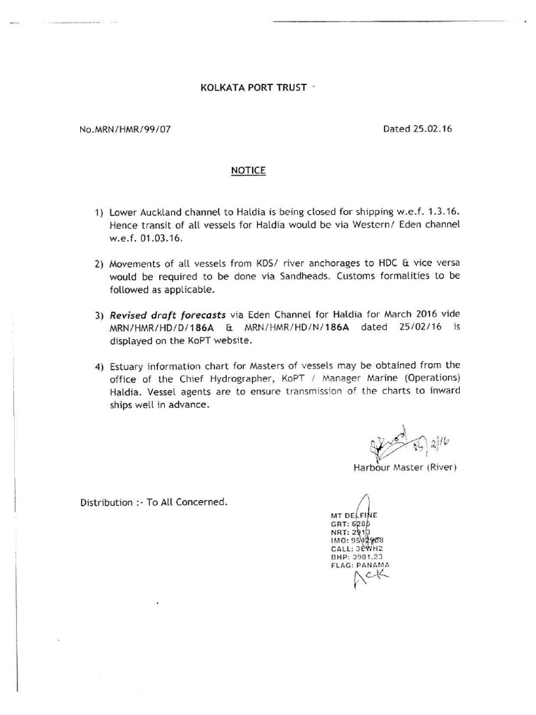 Haldia Port Notice For Movement Thru Eden Channel | PDF