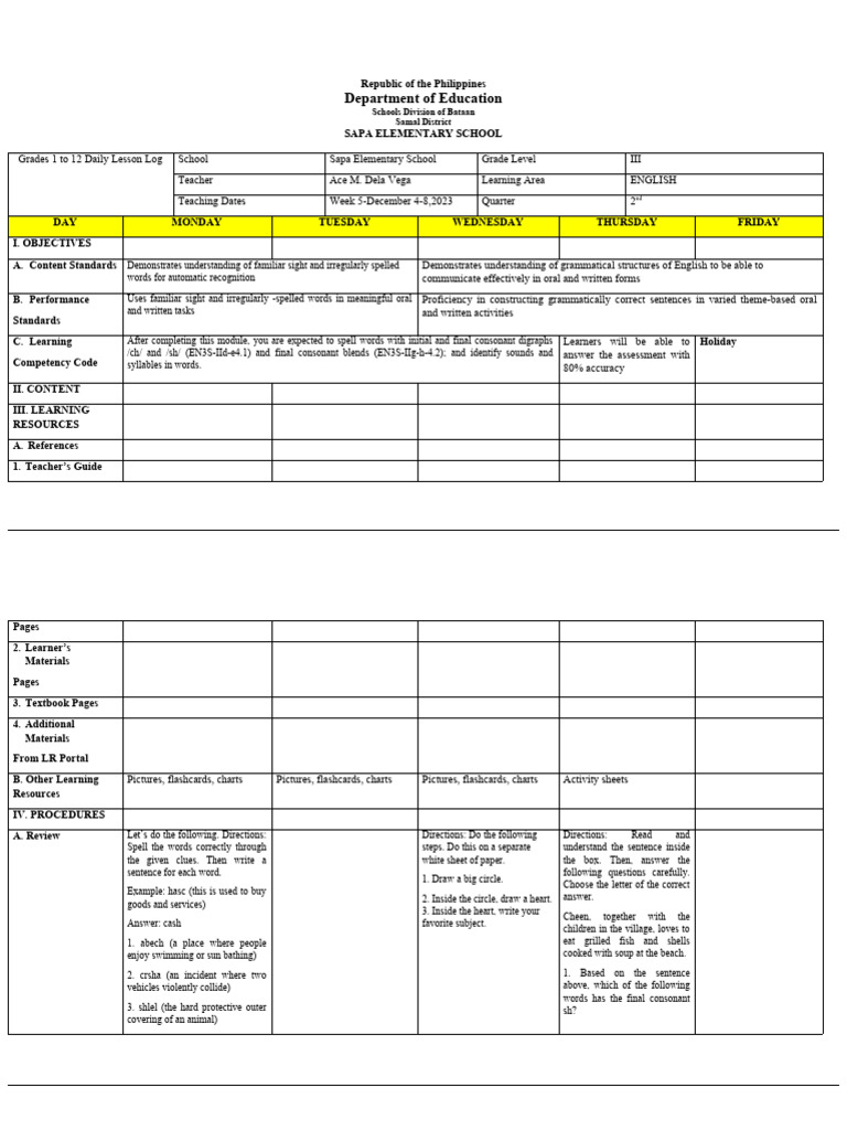 Grade 3 English Lesson Plan Q2W5 | PDF | Syllable | Word