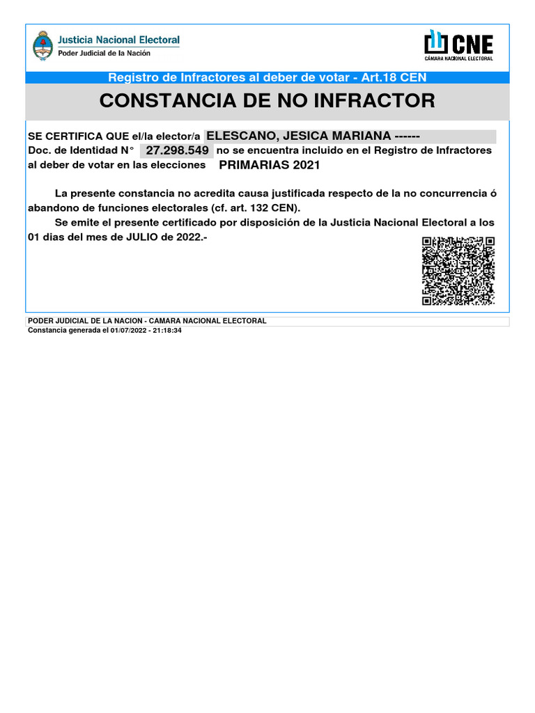 CNE Constancia No Infractor 27298549 | PDF