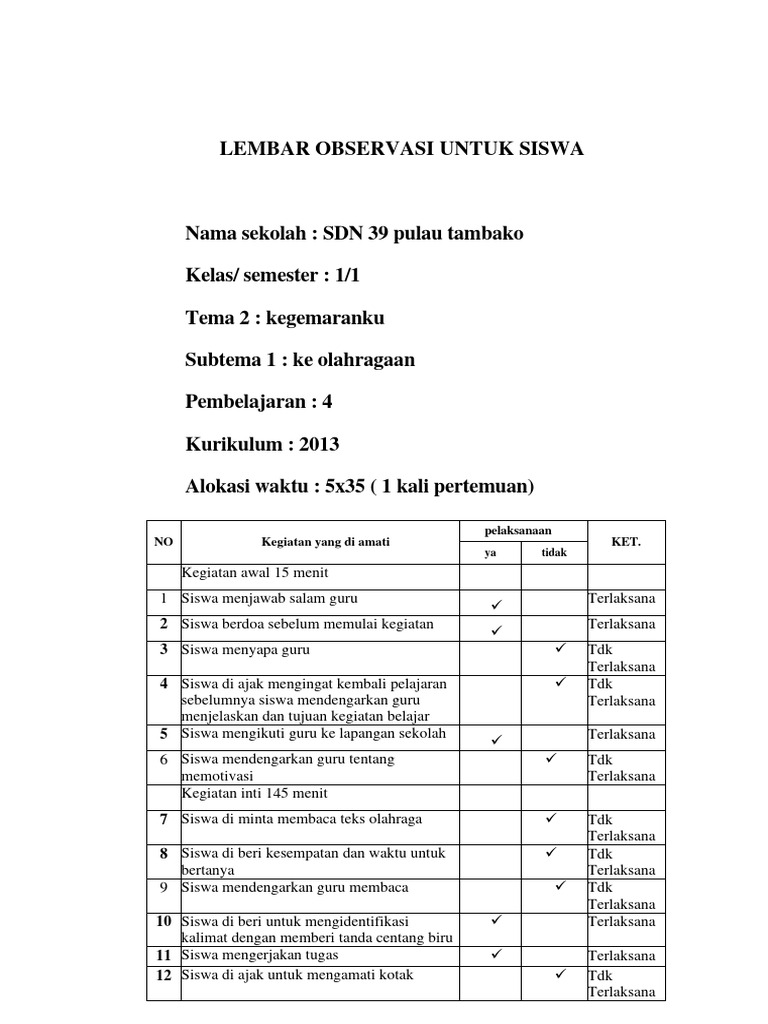Observasi Pembelajaran Tema Kegemaranku di SDN 39 | PDF