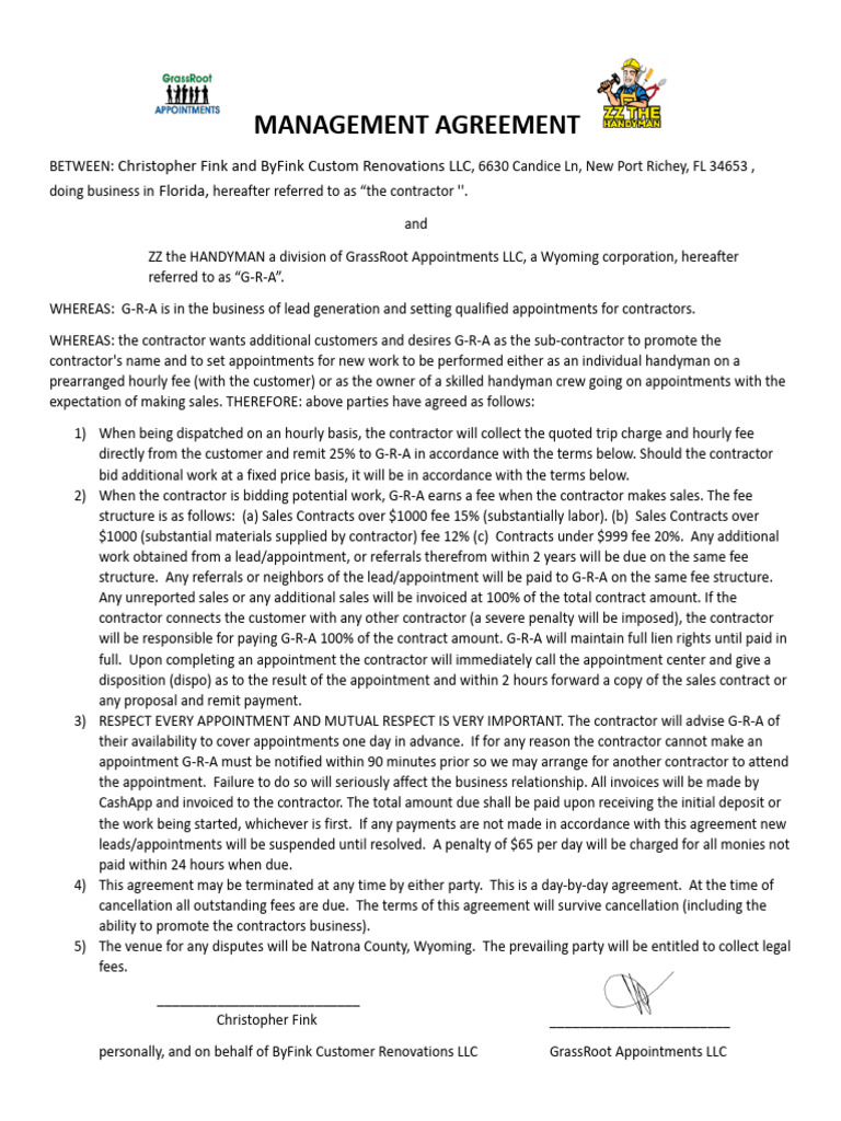 Christopher Fink Managementg Agreement | PDF | Business Law | Economies