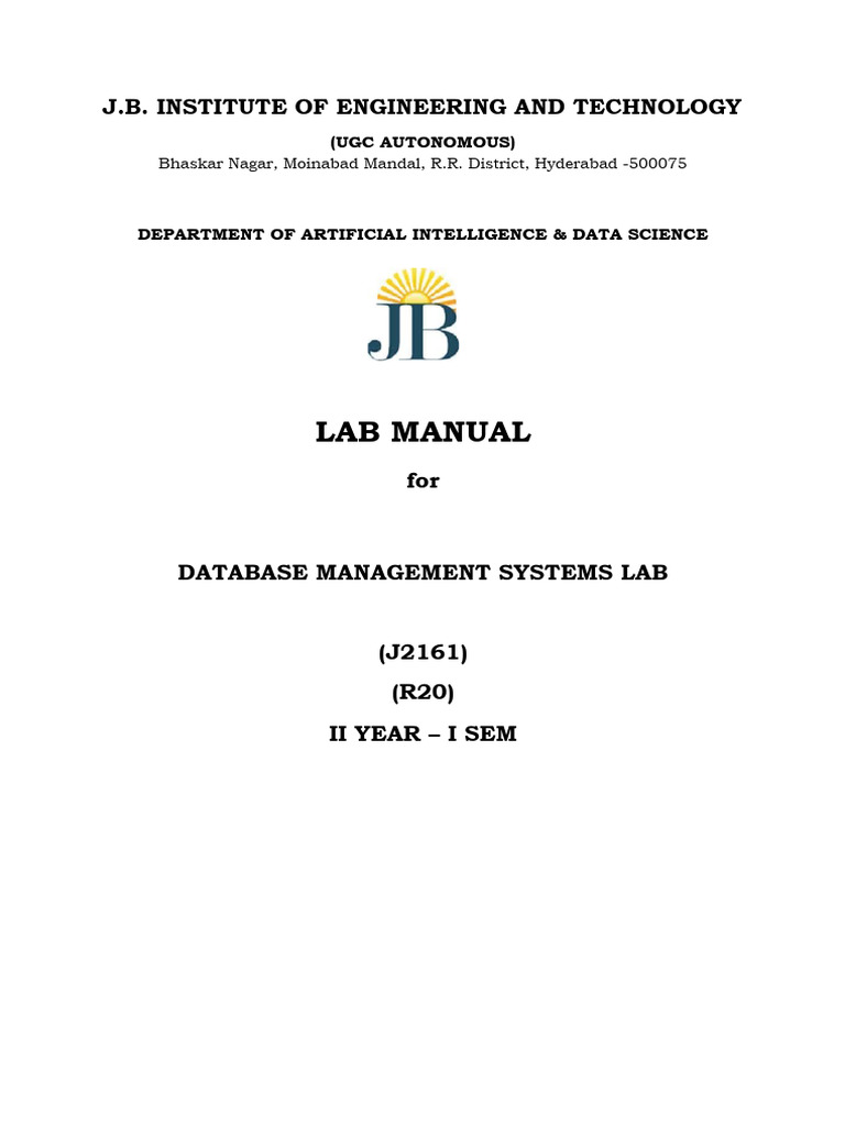 DBMS Lab Manual R20 | PDF | Databases | Sql DBMS Lab Manual R20 | PDF | Databases | Sql