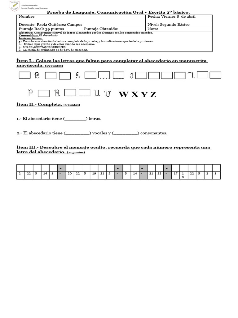 Prueba Del Abecedario | PDF | Artes del Lenguaje y Comunicación | Hogar ...