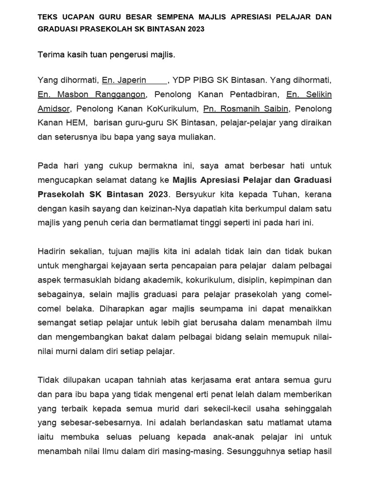 Teks Ucapan Guru Besar Sempena Majlis MAPGB | PDF