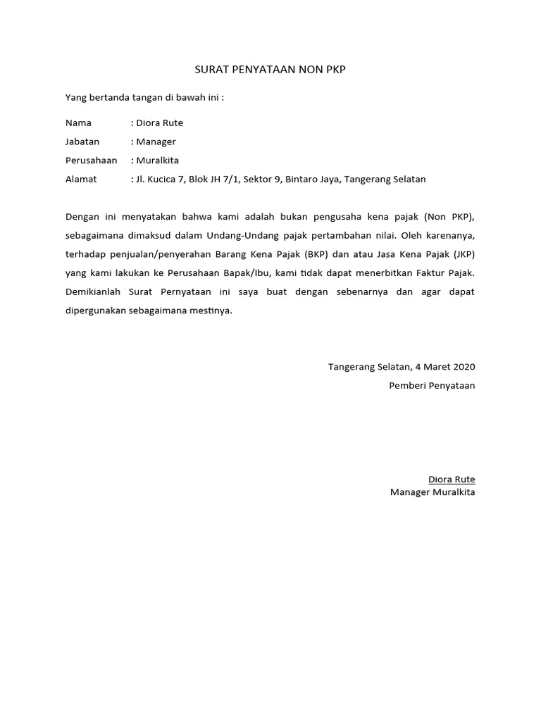 Contoh SURAT PENYATAAN NON PKP | PDF