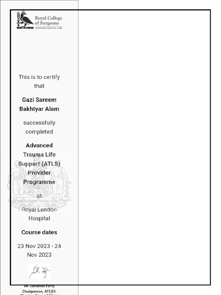 Advanced Trauma Life Support (ATLS) Provider Programme Certificate | PDF