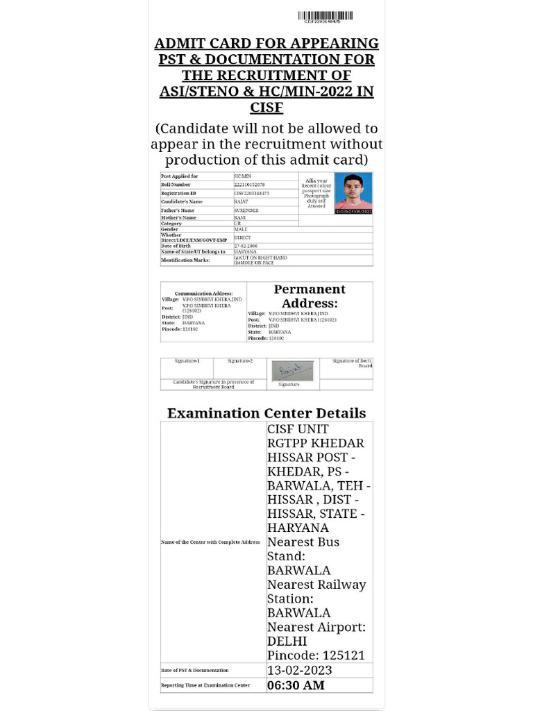 Cisf Admit Card | PDF