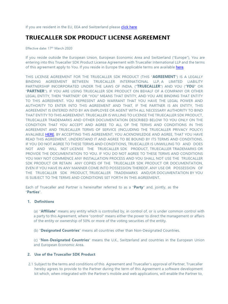 Truecaller SDK Product License Agreement RoW | PDF