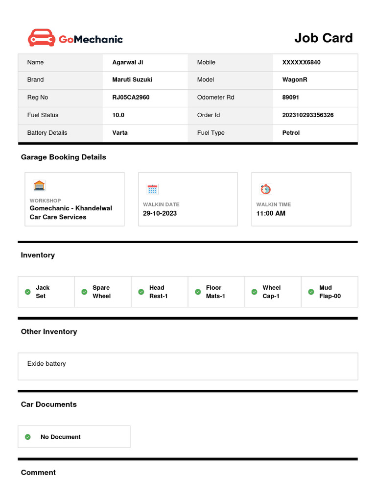 Maruti Suzuki Job Card Details | PDF | Vehicles | Car