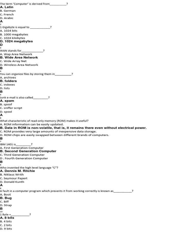 Essential Computer Knowledge Quiz | PDF | Microsoft Word | Read Only Memory