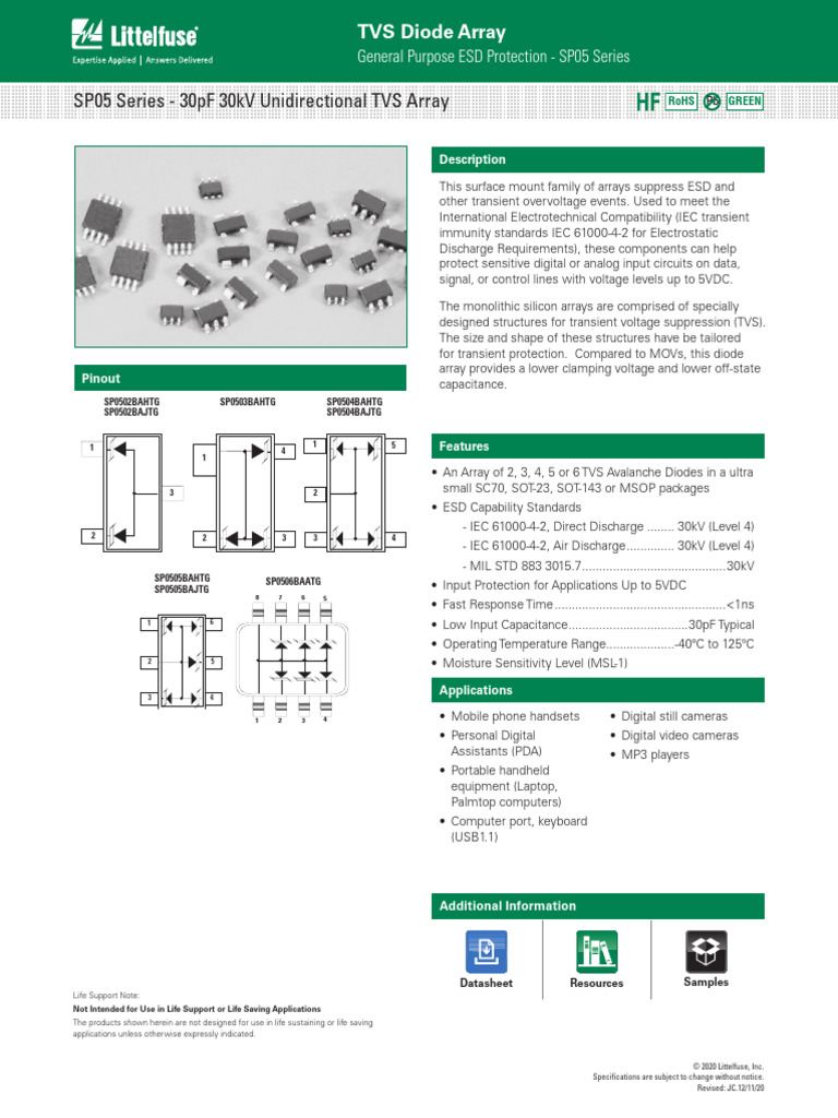 Littelfuse TVS Diode Array SP05 Datasheet PDF | PDF | Diode ...
