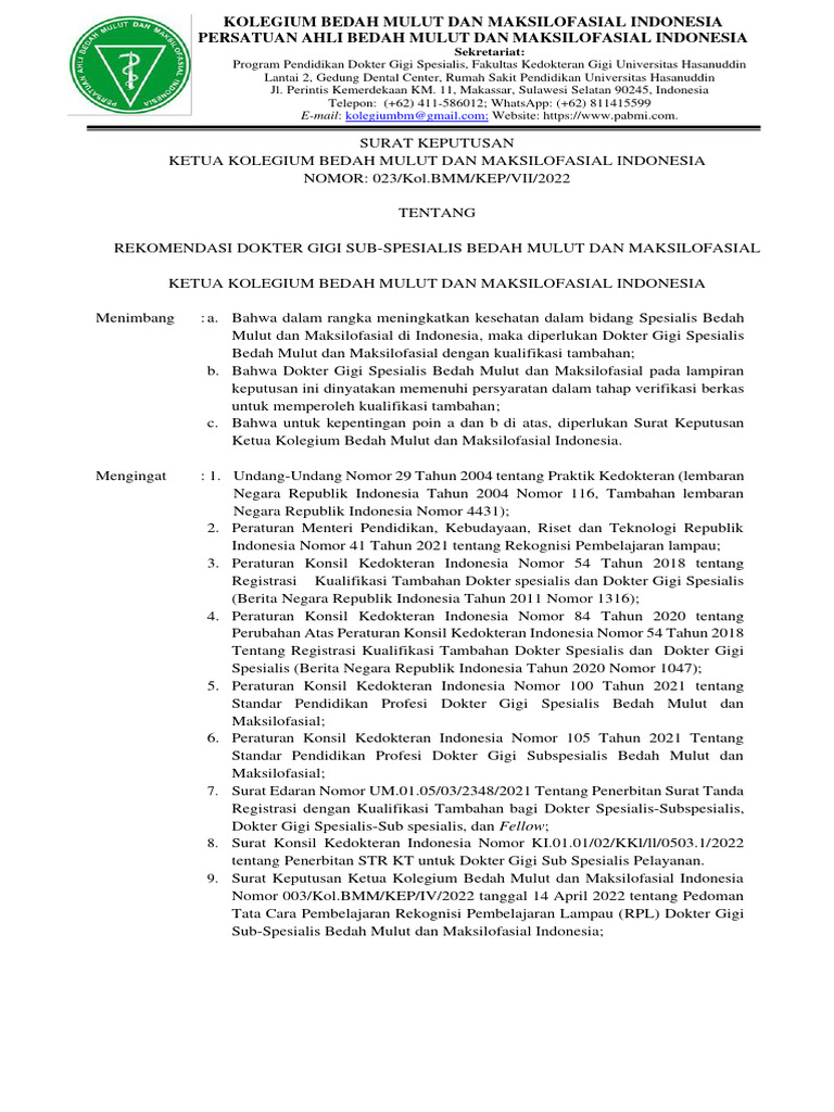 023 - SK Rekomendasi Dokter Gigi Sub-Spesialis BMM - Bramadita Satya, DRG., SP - BM. | PDF