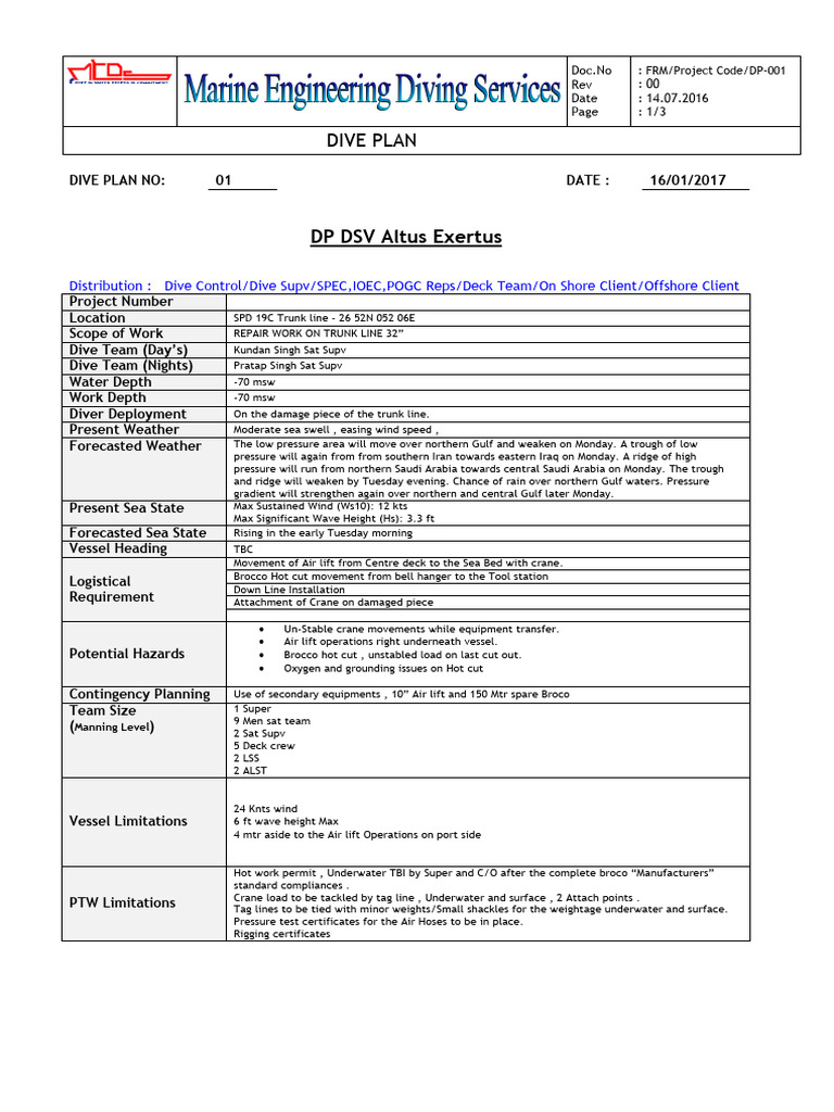01 Dive Plan | PDF | Sea | Scuba Diving