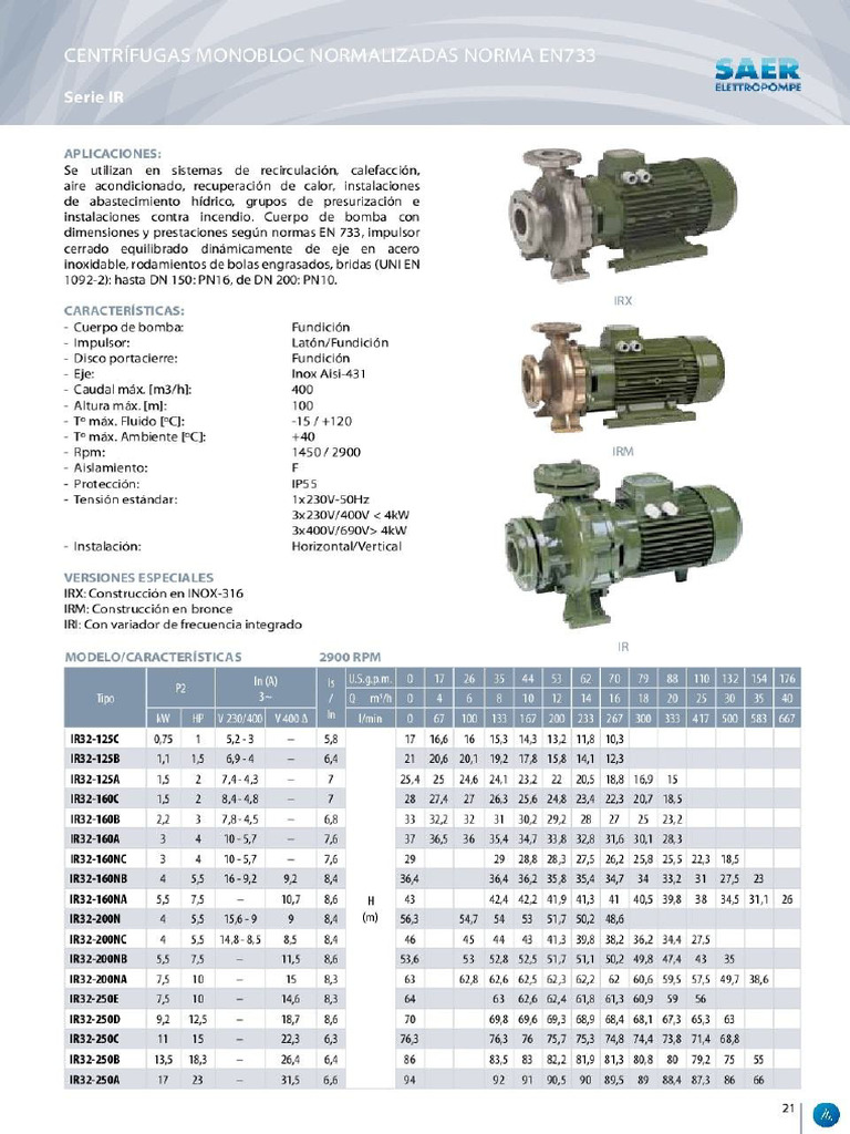Ficha Técnica Bomba Centrífuga Saer Ir | PDF