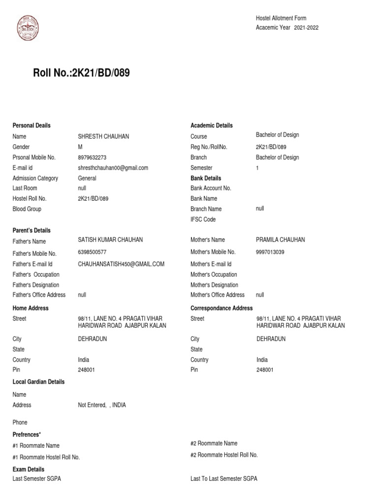 Hostel Application Form | PDF | Justice | Crime & Violence