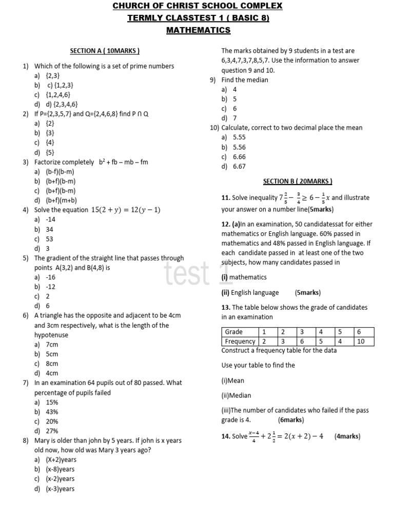 Test1 Basic 8 Maths | PDF | Mathematics | Arithmetic