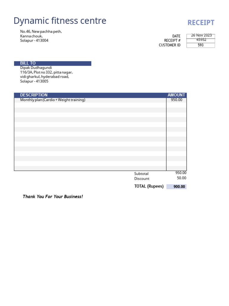 Dynamic Fitness Centre Receipt | PDF