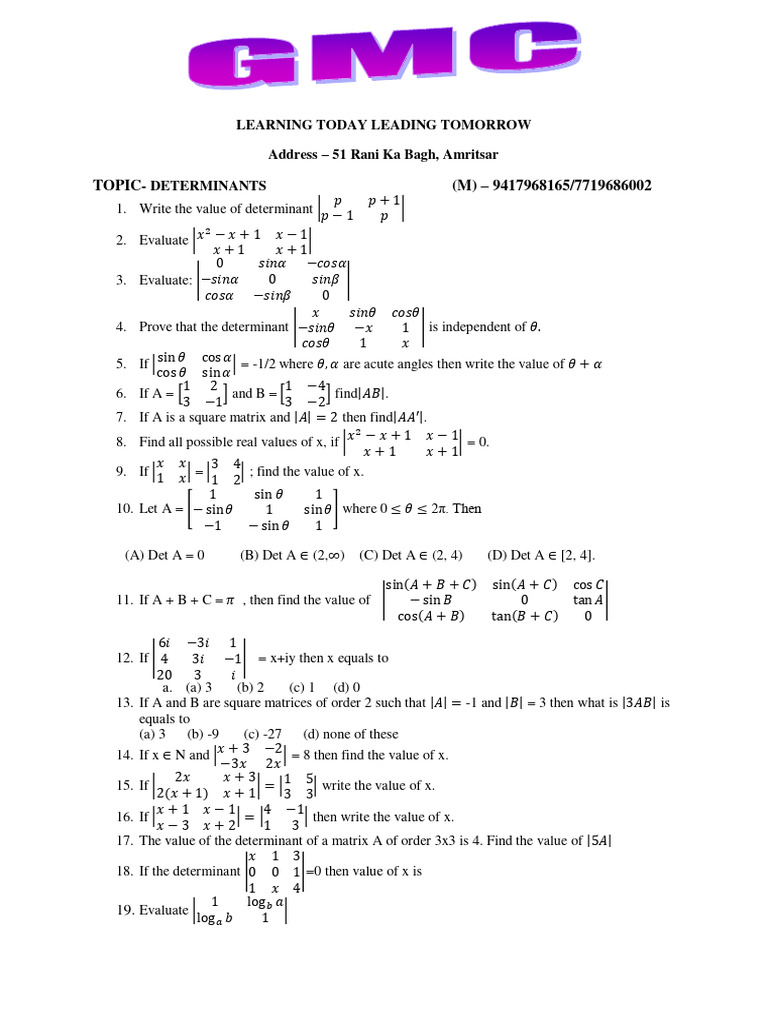 Boards Subjective Assignment 1 Determinants-1 | PDF | Determinant | Linear Algebra