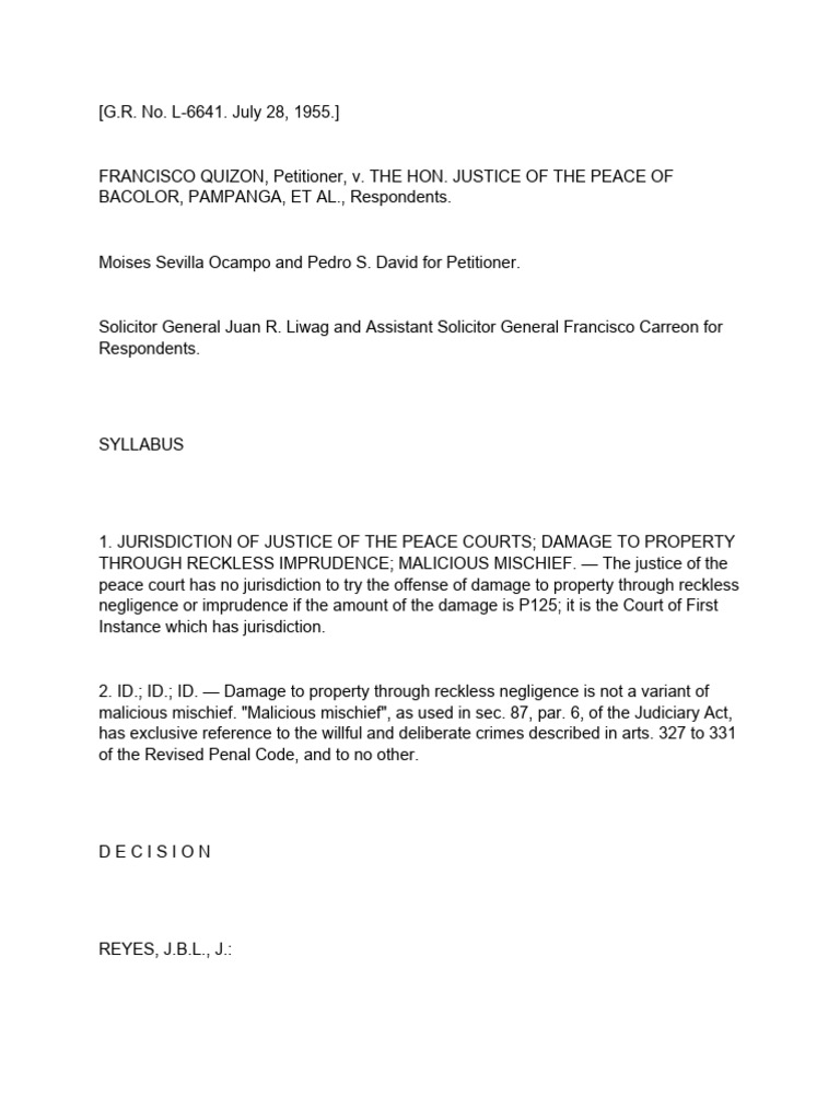 Quizon v. Justice of The Peace, G.R. No. L-6641, July 28, 1955 | PDF ...