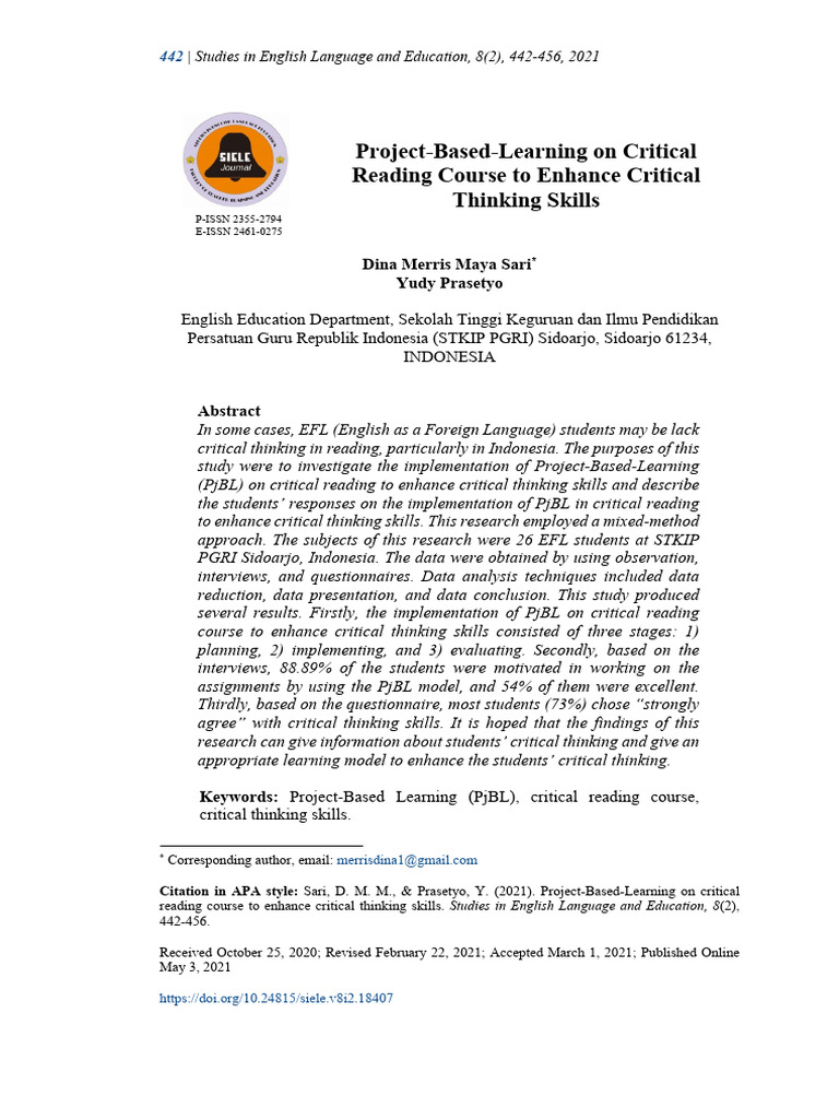 Project-Based-Learning On Critical Reading Course To Enhance Critical Thinking Skills | PDF ...