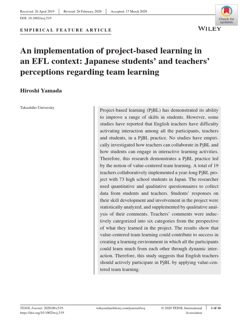 An Implementation of Project-Based Learning in An EFL Context: Japanese Students' and Teachers ...