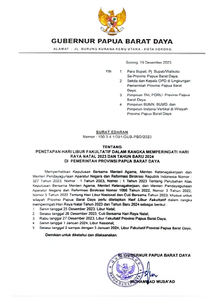 Surat Edaran Libur Fakultatif | PDF