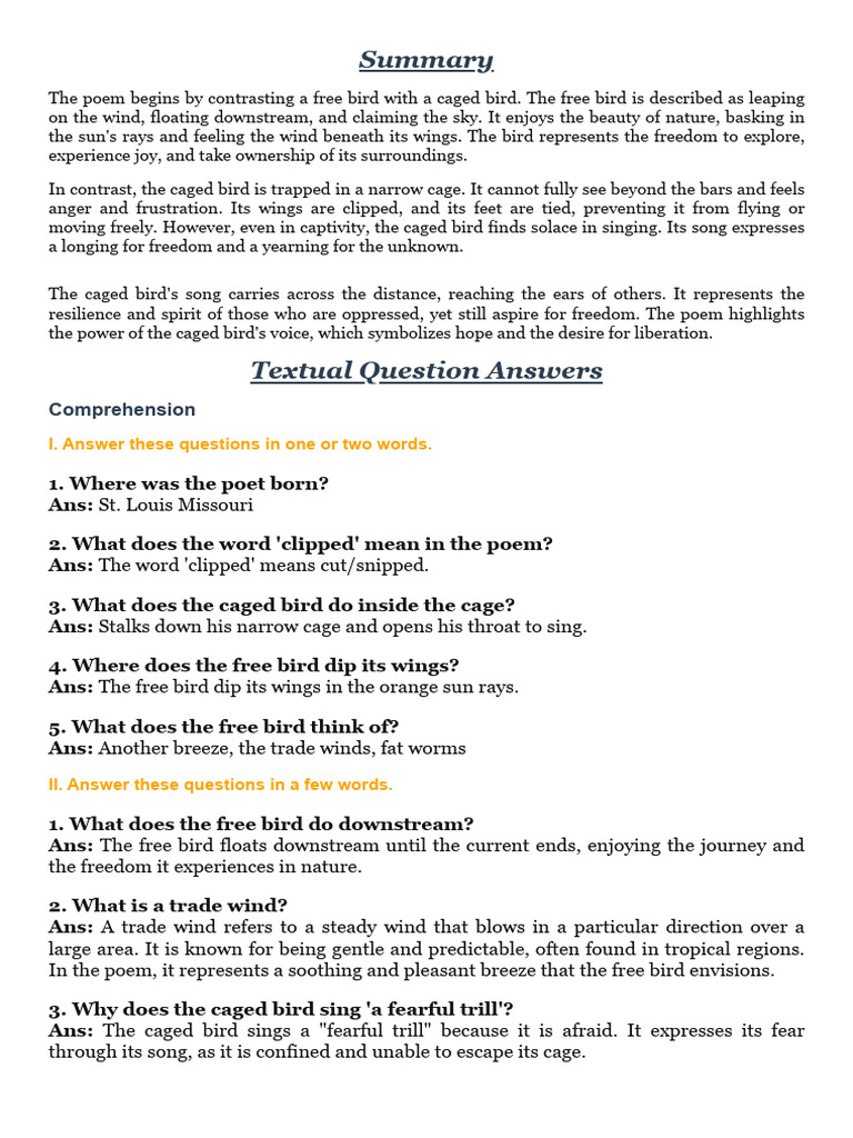 Caged Bird Question Answer - Class 11 AHSEC Summary | PDF