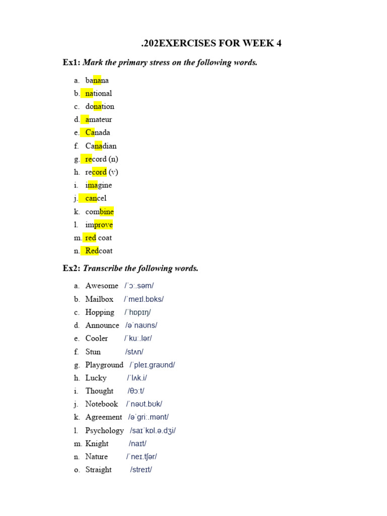 Week 4 Stress and Transcription Exercises | PDF | Language Arts ...