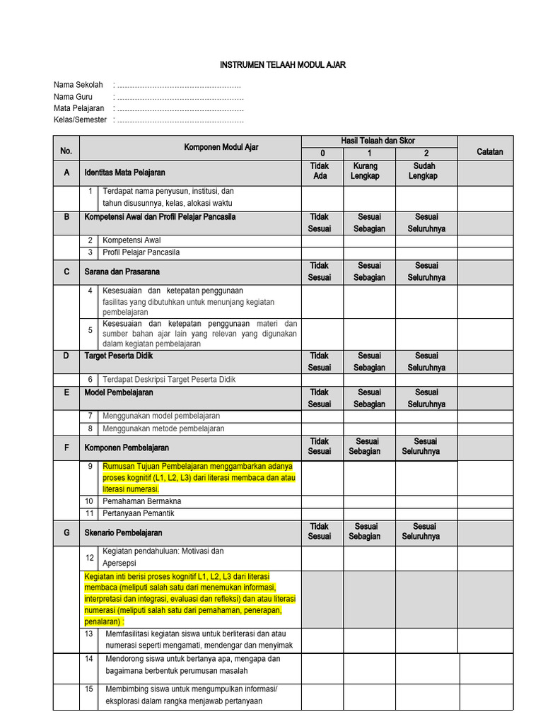 Instrumen Telaah Modul Ajar Literasi Numerasi - R | PDF | Karier ...
