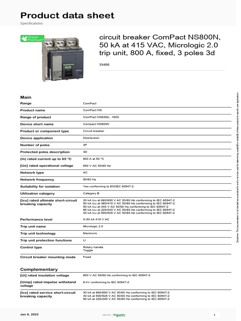 ComPact NS800N Circuit Breaker Specs | PDF