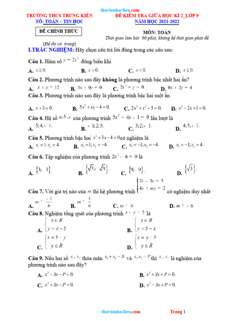 De KT Giua HK2 Toan 9 THCS Trung Kien 2021 2022 Co Dap An. | PDF
