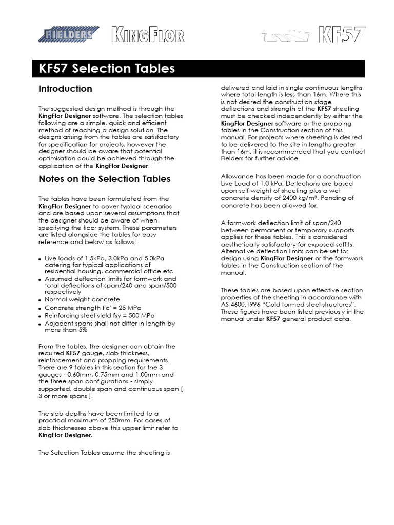 KF57 Selection Tables | PDF | Concrete | Building Materials