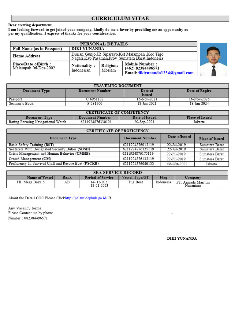 CV Diki Yunanda-1 | PDF | Shipping | Water Transport