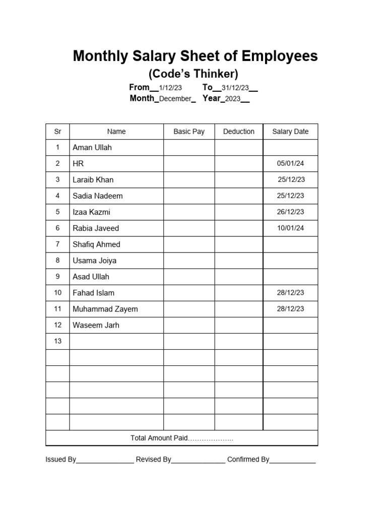 December 2023 Employee Salary Sheet | PDF
