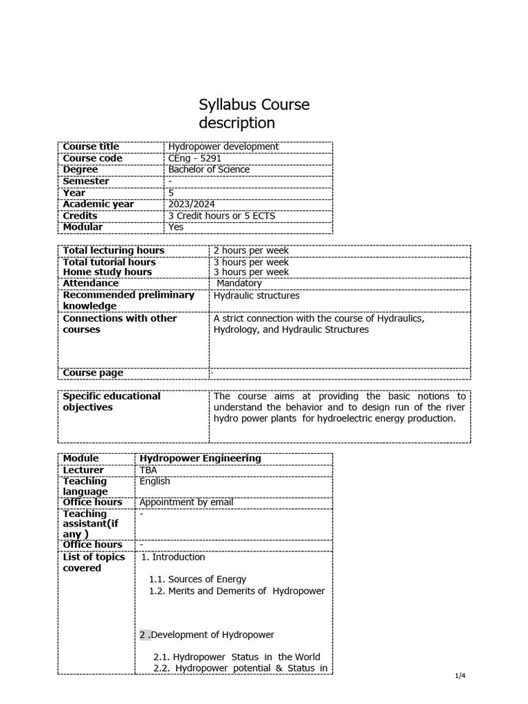 Hydropower Development Syllabus | PDF | Hydroelectricity | Hydropower
