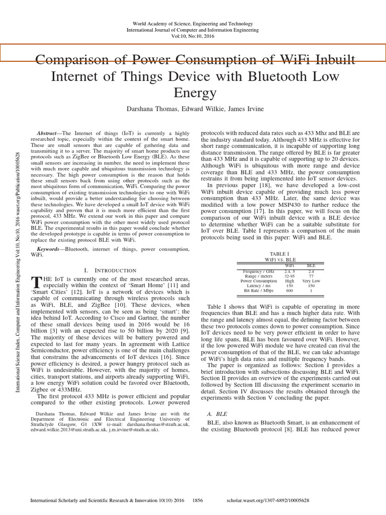 WiFi vs BLE Power Consumption in IoT | PDF | Wi Fi | Bluetooth