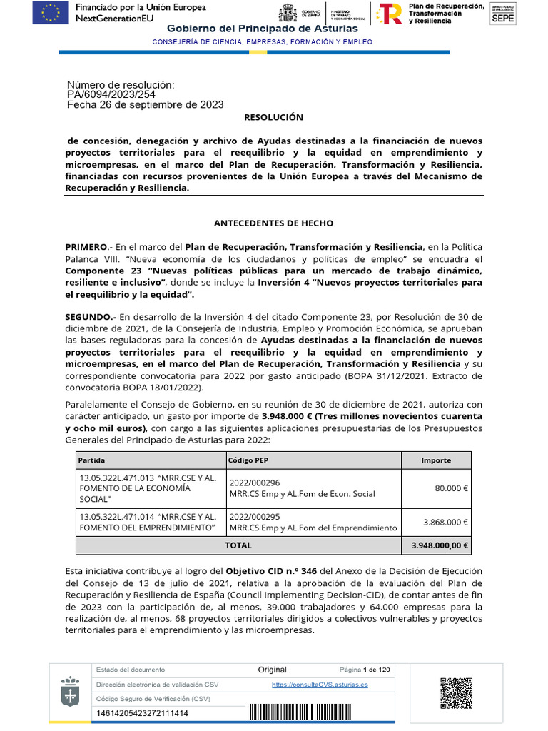 2023.09.26 Resolucion_de_Concesion | PDF | Otorgar dinero) | Parlamento Europeo